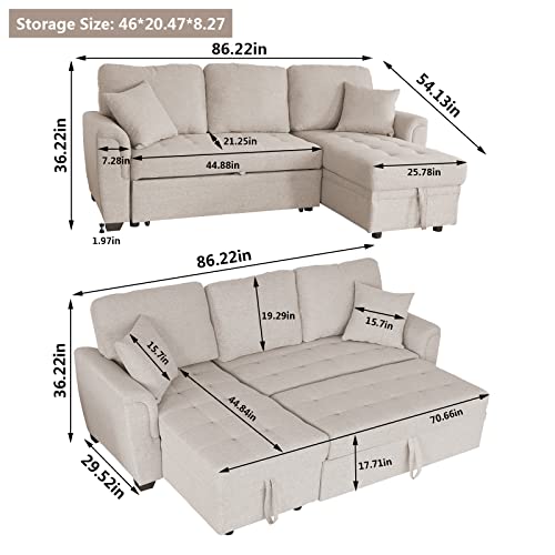 Aoowow Upholstered Sectional Sofa with Reversible Storage Chaise Lounge, Linen Fabric Pull Out Sofa Bed with 2 Throw Pillows, 86 Inch L-Shaped Couch, 3-Seat Sleeper Sofa for Living Room (Beige)