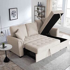 Aoowow Upholstered Sectional Sofa with Reversible Storage Chaise Lounge, Linen Fabric Pull Out Sofa Bed with 2 Throw Pillows, 86 Inch L-Shaped Couch, 3-Seat Sleeper Sofa for Living Room (Beige)