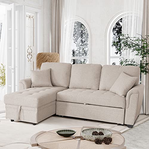 Aoowow Upholstered Sectional Sofa with Reversible Storage Chaise Lounge, Linen Fabric Pull Out Sofa Bed with 2 Throw Pillows, 86 Inch L-Shaped Couch, 3-Seat Sleeper Sofa for Living Room (Beige)