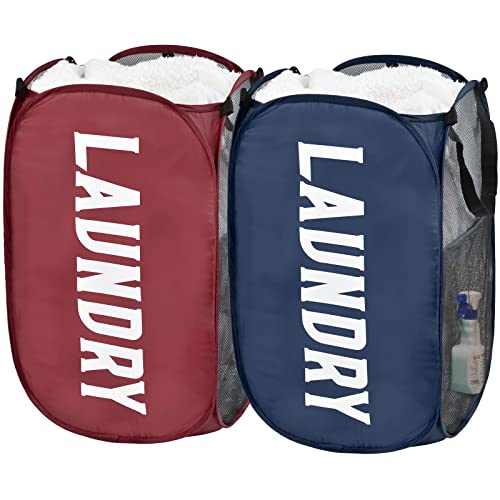 Mesh Popup Laundry Hamper 2 Pack Collapsible Laundry Basket Dirty Clothes Baskets with Straps and Side Pockets Carry Handles for Kids Room,College Students Dorm or Travel (Red + Navy)