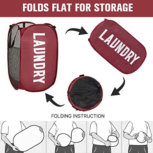 Mesh Popup Laundry Hamper 2 Pack Collapsible Laundry Basket Dirty Clothes Baskets with Straps and Side Pockets Carry Handles for Kids Room,College Students Dorm or Travel (Red + Navy)