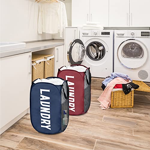 Mesh Popup Laundry Hamper 2 Pack Collapsible Laundry Basket Dirty Clothes Baskets with Straps and Side Pockets Carry Handles for Kids Room,College Students Dorm or Travel (Red + Navy)