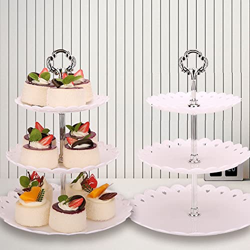 3 Tier Dessert Tray 2 Pack Cupcake Stand White Cake Holder 3-Tiered Serving Tray Large Round Lace Trays Table Decorations Platter for Party Wedding Serving Trays