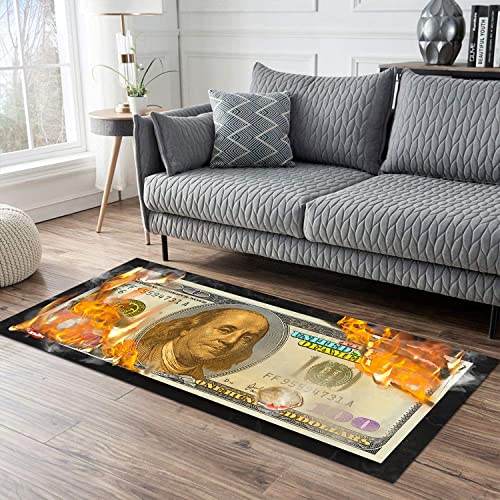 Money Rug Burning 100 Dollar Bill Runner Rugs Cool Rug Black Area Rug Non Skid Laundry Room Rug Floor Decor Carpet Indoor Mat Long Rugs for Hallway Bedroom Bathroom Living Room Office 60"x24"