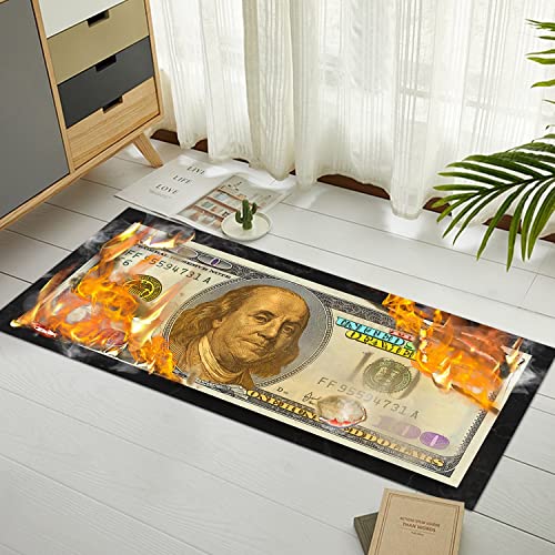 Money Rug Burning 100 Dollar Bill Runner Rugs Cool Rug Black Area Rug Non Skid Laundry Room Rug Floor Decor Carpet Indoor Mat Long Rugs for Hallway Bedroom Bathroom Living Room Office 60"x24"