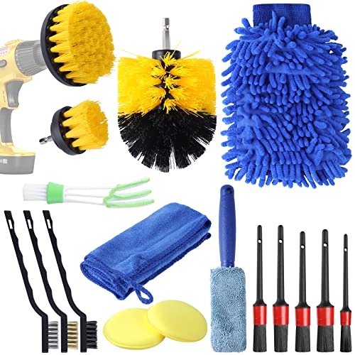 Manesi Car Detailing Brush Set,17PCS Drill Brush Set,Car Interior Detailing Kit & Car Wash Kit with Boar Hair Detail Brush and Cleaning Gel for Wheel,Dashboard,Air Vent,Leather and Exterior