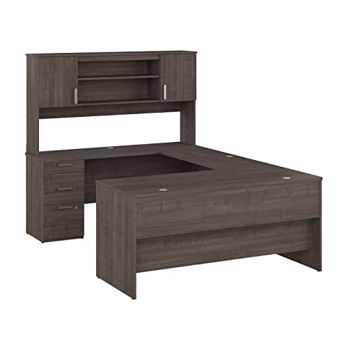 Bestar Ridgeley U Shaped Desk with Hutch in Medium Gray Maple, 65W