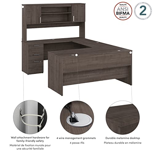 Bestar Ridgeley U Shaped Desk with Hutch in Medium Gray Maple, 65W