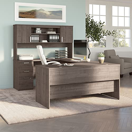 Bestar Ridgeley U Shaped Desk with Hutch in Medium Gray Maple, 65W