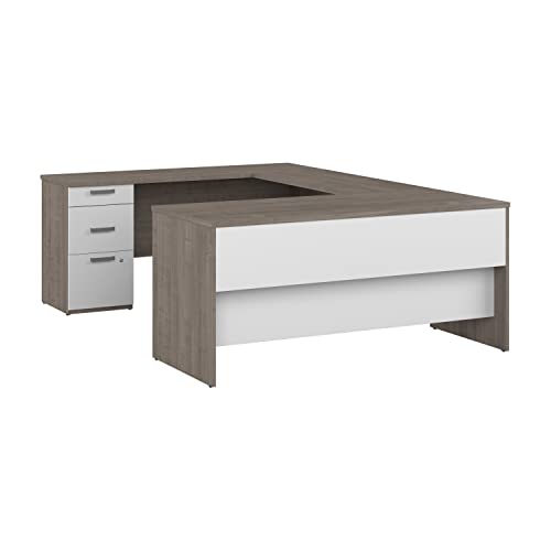 Bestar Ridgeley U Shaped Desk, 65W, Silver Maple & Pure White