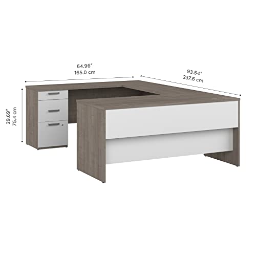 Bestar Ridgeley U Shaped Desk, 65W, Silver Maple & Pure White