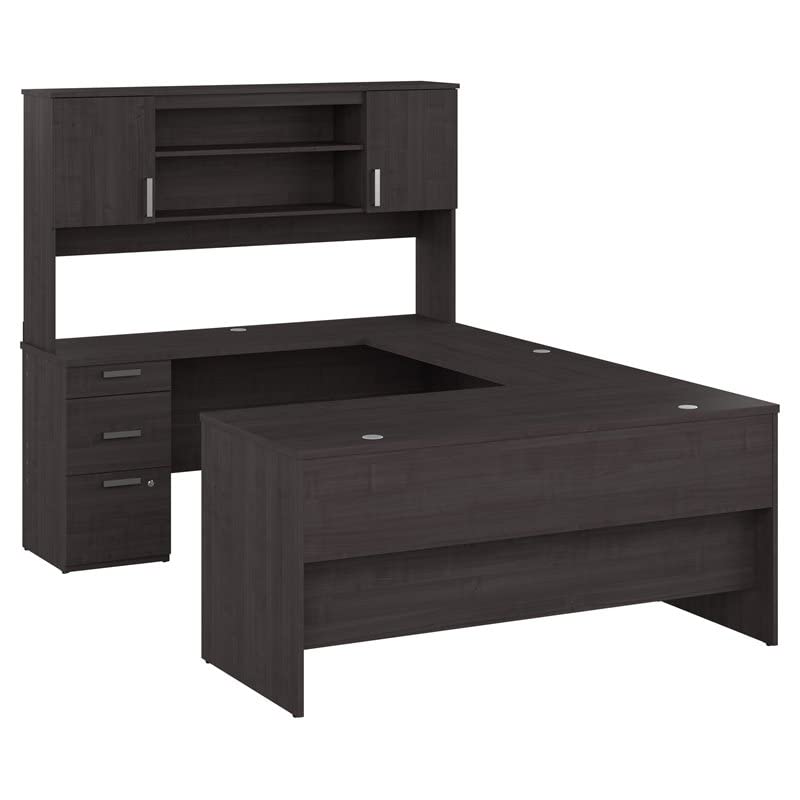 Bestar Ridgeley U Shaped Desk with Hutch in Charcoal Maple, 65W