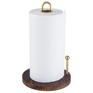 mygift modern brass tone metal countertop paper towel holder with burnt solid wood base, hand paper towel roll dispenser rack