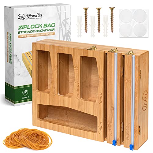 KitchenBe1 - Ziplock Bag Organizer together with Foil and Plastic Wrap Dispenser Cutter, Storage for Drawer or Wall, Zip Lock Sandwich Baggie Container Organization Bamboo, Natural (BambooBox01)