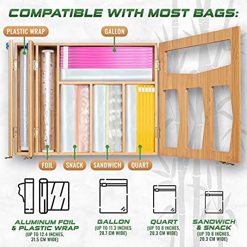 KitchenBe1 - Ziplock Bag Organizer together with Foil and Plastic Wrap Dispenser Cutter, Storage for Drawer or Wall, Zip Lock Sandwich Baggie Container Organization Bamboo, Natural (BambooBox01)