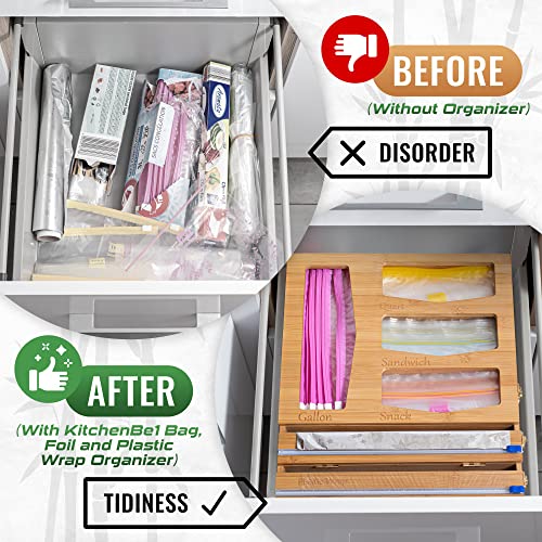 KitchenBe1 - Ziplock Bag Organizer together with Foil and Plastic Wrap Dispenser Cutter, Storage for Drawer or Wall, Zip Lock Sandwich Baggie Container Organization Bamboo, Natural (BambooBox01)