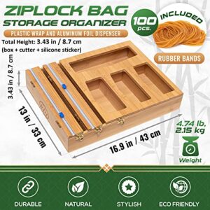 KitchenBe1 - Ziplock Bag Organizer together with Foil and Plastic Wrap Dispenser Cutter, Storage for Drawer or Wall, Zip Lock Sandwich Baggie Container Organization Bamboo, Natural (BambooBox01)