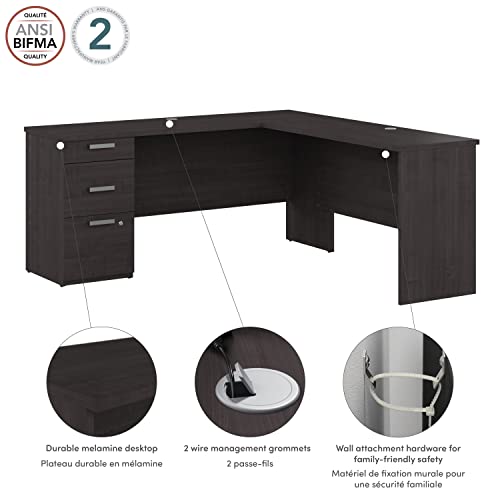 Bestar Ridgeley L Shaped Desk with Storage in Charcoal Maple, 65W