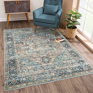 bloom rugs caria washable non-slip 5x7 rug - blue green/tangerine area rug for living room, bedroom, dining room and kitchen - exact size: 5' x 7'