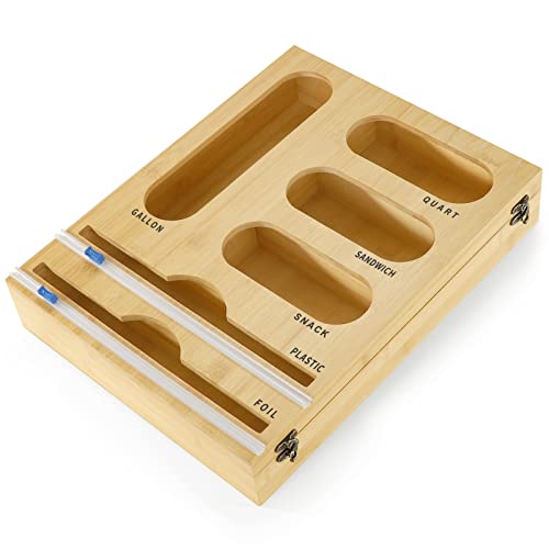 With Cutter Foil and Plastic Wrap and Ziplock Bag Storage Organizer,Quality Bamboo Food Bag Dispenser for Kitchen Drawer - Compatible with Gallon,Quart,Sandwich,Snack, Variety Size Bags,Wax,Parchment