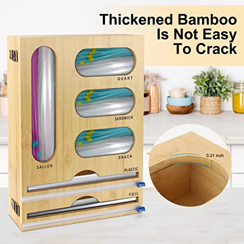 With Cutter Foil and Plastic Wrap and Ziplock Bag Storage Organizer,Quality Bamboo Food Bag Dispenser for Kitchen Drawer - Compatible with Gallon,Quart,Sandwich,Snack, Variety Size Bags,Wax,Parchment