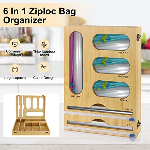 With Cutter Foil and Plastic Wrap and Ziplock Bag Storage Organizer,Quality Bamboo Food Bag Dispenser for Kitchen Drawer - Compatible with Gallon,Quart,Sandwich,Snack, Variety Size Bags,Wax,Parchment