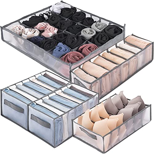 ChezMax Foldable Clothes Organizer Box, Mesh Closet Underwear Storage Bins, Grey Washable Folded Wardrobe Drawer Dividers Set, 6/7/24 Compartment/Grids for Clothing Socks Jeans Pants Ties Scarves Bras