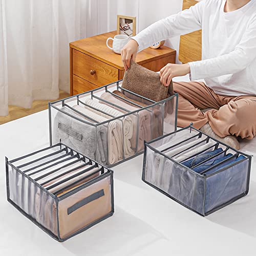 ChezMax Foldable Clothes Organizer Box, Mesh Closet Underwear Storage Bins, Grey Washable Folded Wardrobe Drawer Dividers Set, 6/7/24 Compartment/Grids for Clothing Socks Jeans Pants Ties Scarves Bras