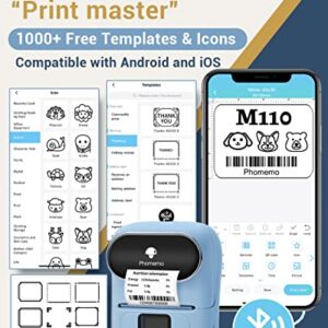 Phomemo Barcode Label Printer - M110 Label Maker Portable Bluetooth Label Maker Machine for Small Business, Barcode, Address, Logo, Clothing, Jerwery, Thermal Printer Compatible with Phones & PC, Blue