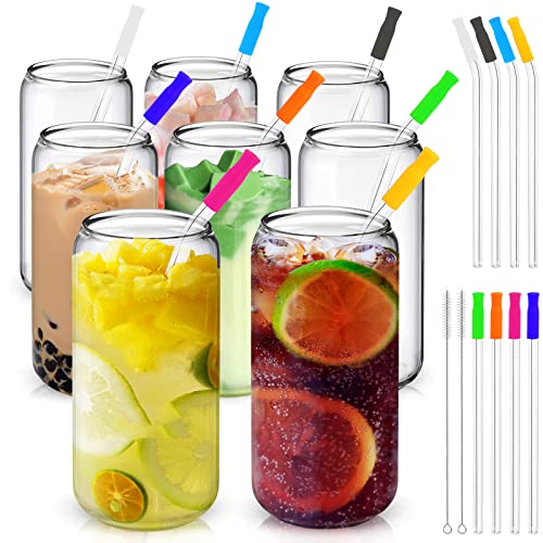 Drinking Glasses with Glass Straw 8Pcs Set, 16oz Clear Can Shaped Glass Cups, Beer Glasses, Iced Coffee Glass, Cocktail Glass, Whiskey Glass, Unique Cute Glass Set Gift, Cleaning Brushes & Straw Tips