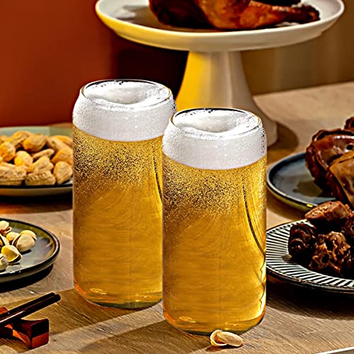 Drinking Glasses with Glass Straw 8Pcs Set, 16oz Clear Can Shaped Glass Cups, Beer Glasses, Iced Coffee Glass, Cocktail Glass, Whiskey Glass, Unique Cute Glass Set Gift, Cleaning Brushes & Straw Tips