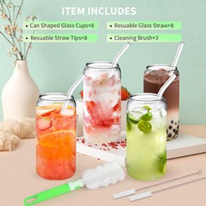 Drinking Glasses with Glass Straw 8Pcs Set, 16oz Clear Can Shaped Glass Cups, Beer Glasses, Iced Coffee Glass, Cocktail Glass, Whiskey Glass, Unique Cute Glass Set Gift, Cleaning Brushes & Straw Tips