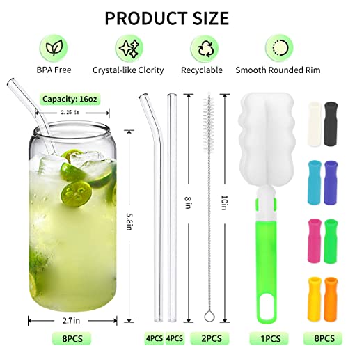 Drinking Glasses with Glass Straw 8Pcs Set, 16oz Clear Can Shaped Glass Cups, Beer Glasses, Iced Coffee Glass, Cocktail Glass, Whiskey Glass, Unique Cute Glass Set Gift, Cleaning Brushes & Straw Tips