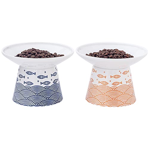 6.25 Inch Extra Wide Elevated Ceramic Cat Bowls, Food and Water Bowl Set for Elder Big Cats Small Dogs, Raised Design for Pet Easy Eating, Protect Cat's Spine, Blue & Orange, Set of 2