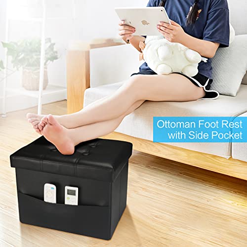 AmasSmile® Folding Storage Ottoman Foot Rest Stool with Side Pocket, 16 inch Leather Footstool Bench, Short Ottoman Bench, Storage Foot Rest Store, Books, Records Support 330 lbs,Black