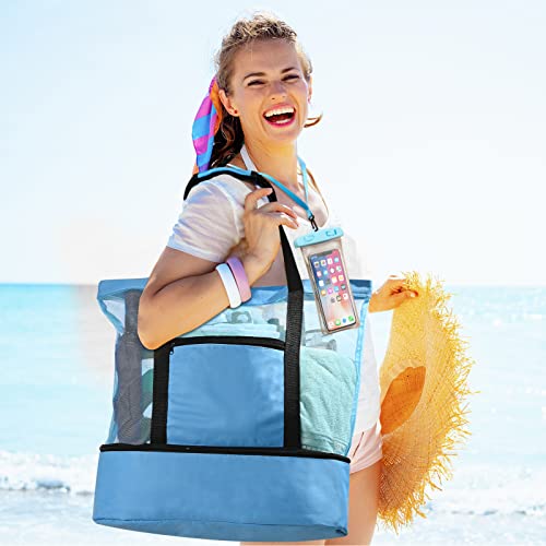 PARACITY Beach Tote Bag with Cooler Insulated and Waterproof Phone Pouch, Women Waterproof Sandproof Large Mesh Tote Bag with Zipper, Vacation Essentials, Pool Bag for Picnic Camping Traveling