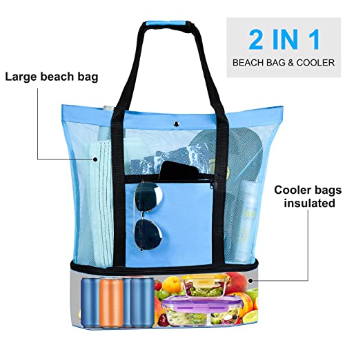 PARACITY Beach Tote Bag with Cooler Insulated and Waterproof Phone Pouch, Women Waterproof Sandproof Large Mesh Tote Bag with Zipper, Vacation Essentials, Pool Bag for Picnic Camping Traveling