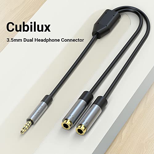 Cubilux Dual Headphones Splitter, 3.5mm Male to 2-Way 3.5 mm Female Audio Jack Adapter for Sharing Earphones, Double Earbuds Connector for Two People for PC, Laptop, Computer, Phone, Tablet, 10 inches