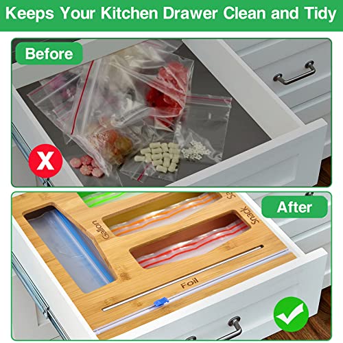 Creatart Bamboo Foil and Plastic Wrap Dispenser with Cutter 6 in 1 Ziplock Bag Storage Organizer for Drawer 12" Food Storage Bag Organizer for Gallon, Quart, Sandwich and Snack