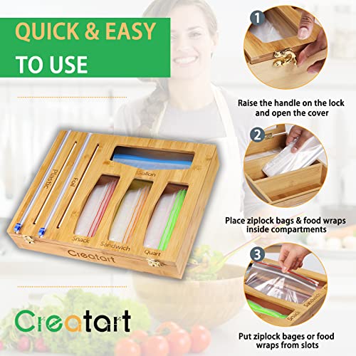 Creatart Bamboo Foil and Plastic Wrap Dispenser with Cutter 6 in 1 Ziplock Bag Storage Organizer for Drawer 12" Food Storage Bag Organizer for Gallon, Quart, Sandwich and Snack