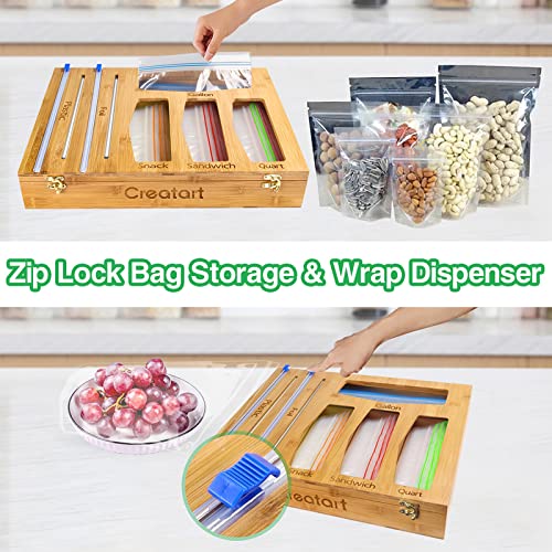 Creatart Bamboo Foil and Plastic Wrap Dispenser with Cutter 6 in 1 Ziplock Bag Storage Organizer for Drawer 12" Food Storage Bag Organizer for Gallon, Quart, Sandwich and Snack