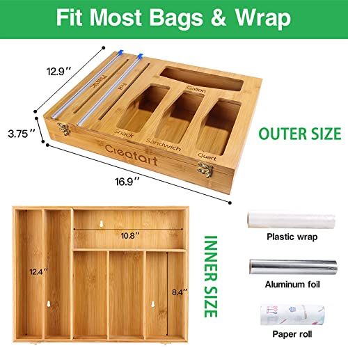 Creatart Bamboo Foil and Plastic Wrap Dispenser with Cutter 6 in 1 Ziplock Bag Storage Organizer for Drawer 12" Food Storage Bag Organizer for Gallon, Quart, Sandwich and Snack