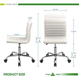 SMUG Desk Chair, Armless Office Chair Leather Swivel Task Chair Mid Back Ribbed Home Office White Desk Chair for Adult Child, Vanity Chair