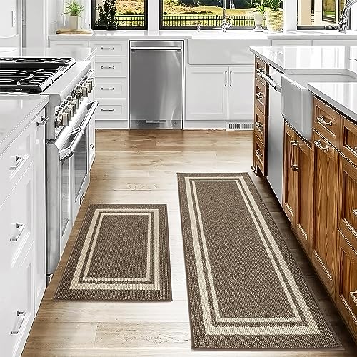 COSY HOMEER Kitchen Mat [2 PCS] Thick Kitchen Rugs Non-Skid 20"x30"+20"x48"Kitchen Mats and Rugs Ergonomic Comfort Standing Mat for Kitchen, Floor, Brown Frame