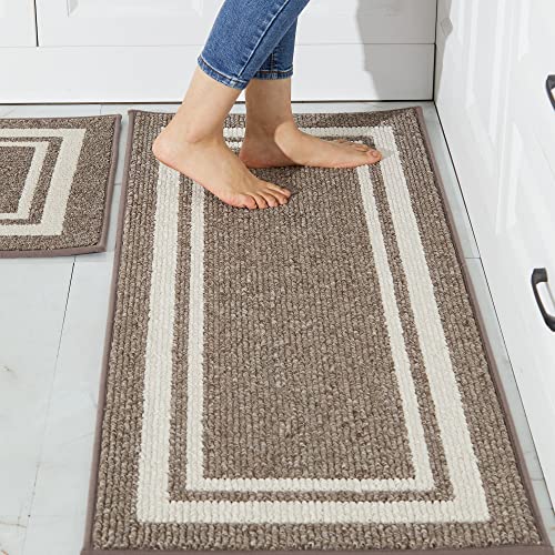 COSY HOMEER Kitchen Mat [2 PCS] Thick Kitchen Rugs Non-Skid 20"x30"+20"x48"Kitchen Mats and Rugs Ergonomic Comfort Standing Mat for Kitchen, Floor, Brown Frame