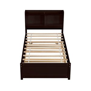 MERITLINE Twin Bed with Twin Size Trundle and Bookcase Headboard, Solid Wood Platform Beds with Storage for Kids Teens Adults, No Box Spring Needed (Twin Size, Espresso)