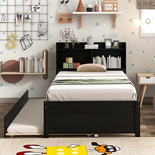 MERITLINE Twin Bed with Twin Size Trundle and Bookcase Headboard, Solid Wood Platform Beds with Storage for Kids Teens Adults, No Box Spring Needed (Twin Size, Espresso)