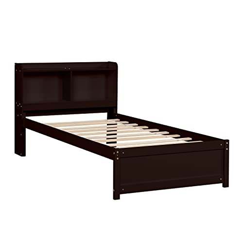 MERITLINE Twin Bed with Twin Size Trundle and Bookcase Headboard, Solid Wood Platform Beds with Storage for Kids Teens Adults, No Box Spring Needed (Twin Size, Espresso)