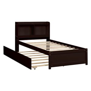 MERITLINE Twin Bed with Twin Size Trundle and Bookcase Headboard, Solid Wood Platform Beds with Storage for Kids Teens Adults, No Box Spring Needed (Twin Size, Espresso)