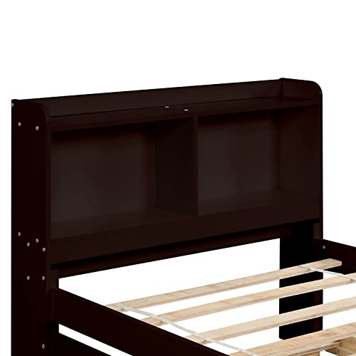 MERITLINE Twin Bed with Twin Size Trundle and Bookcase Headboard, Solid Wood Platform Beds with Storage for Kids Teens Adults, No Box Spring Needed (Twin Size, Espresso)